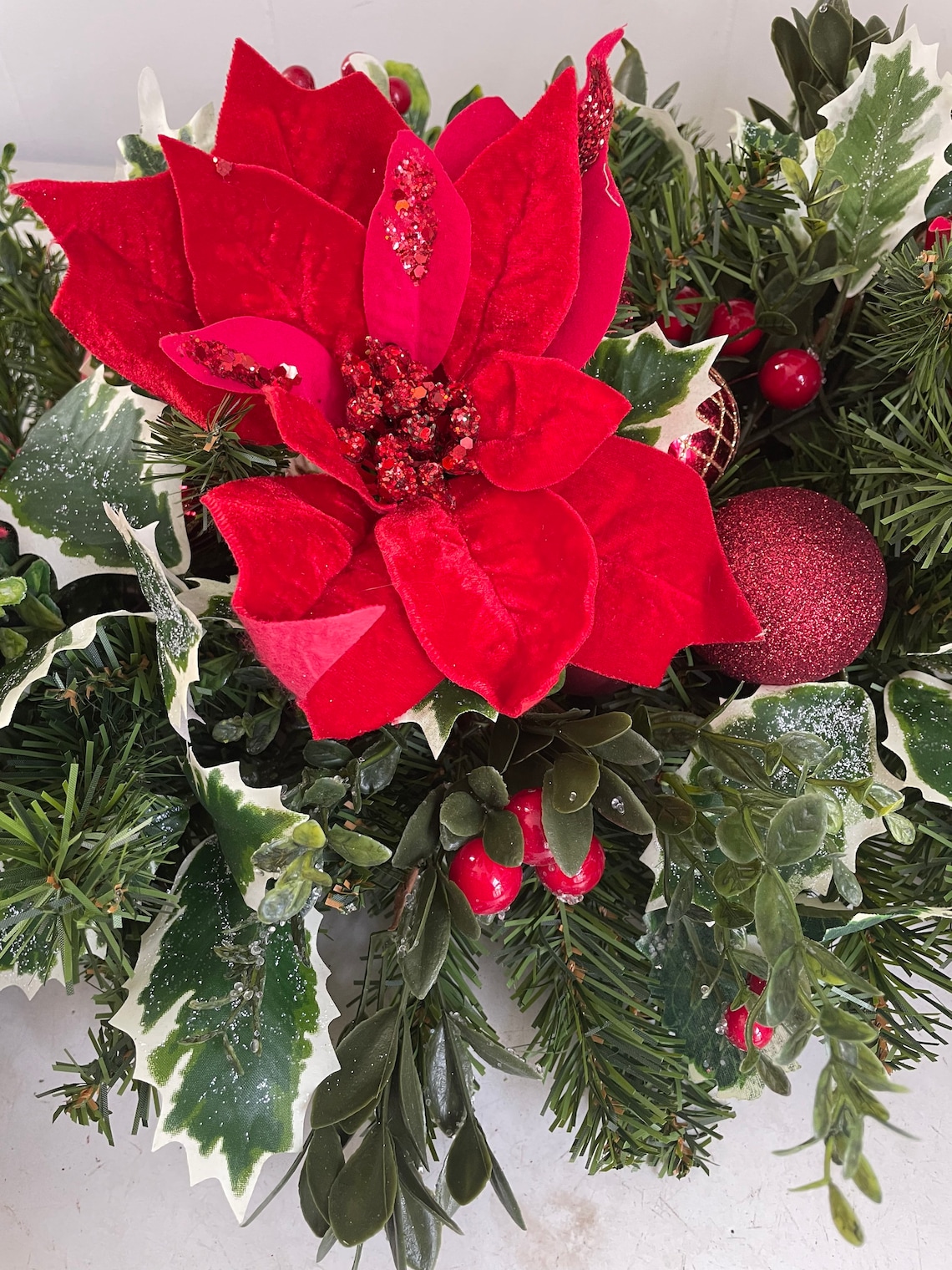 Christmas Red Velvet Poinsettia and Holly Floral Centerpiece - Etsy