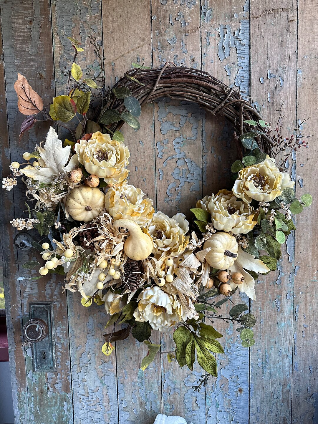 Romantic Antique Ivory Peony Fall Wreath. Peonies, Gourds, Eucalyptus ...