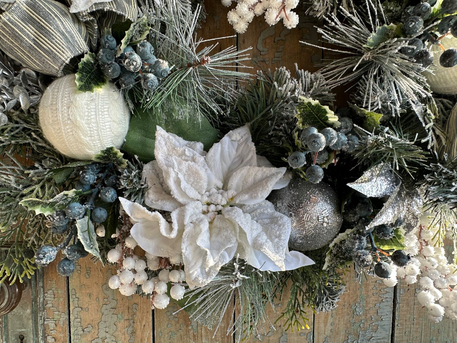 Snowy Winter Wreath. Flocked White Poinsettias With Snow Dusted Greens ...