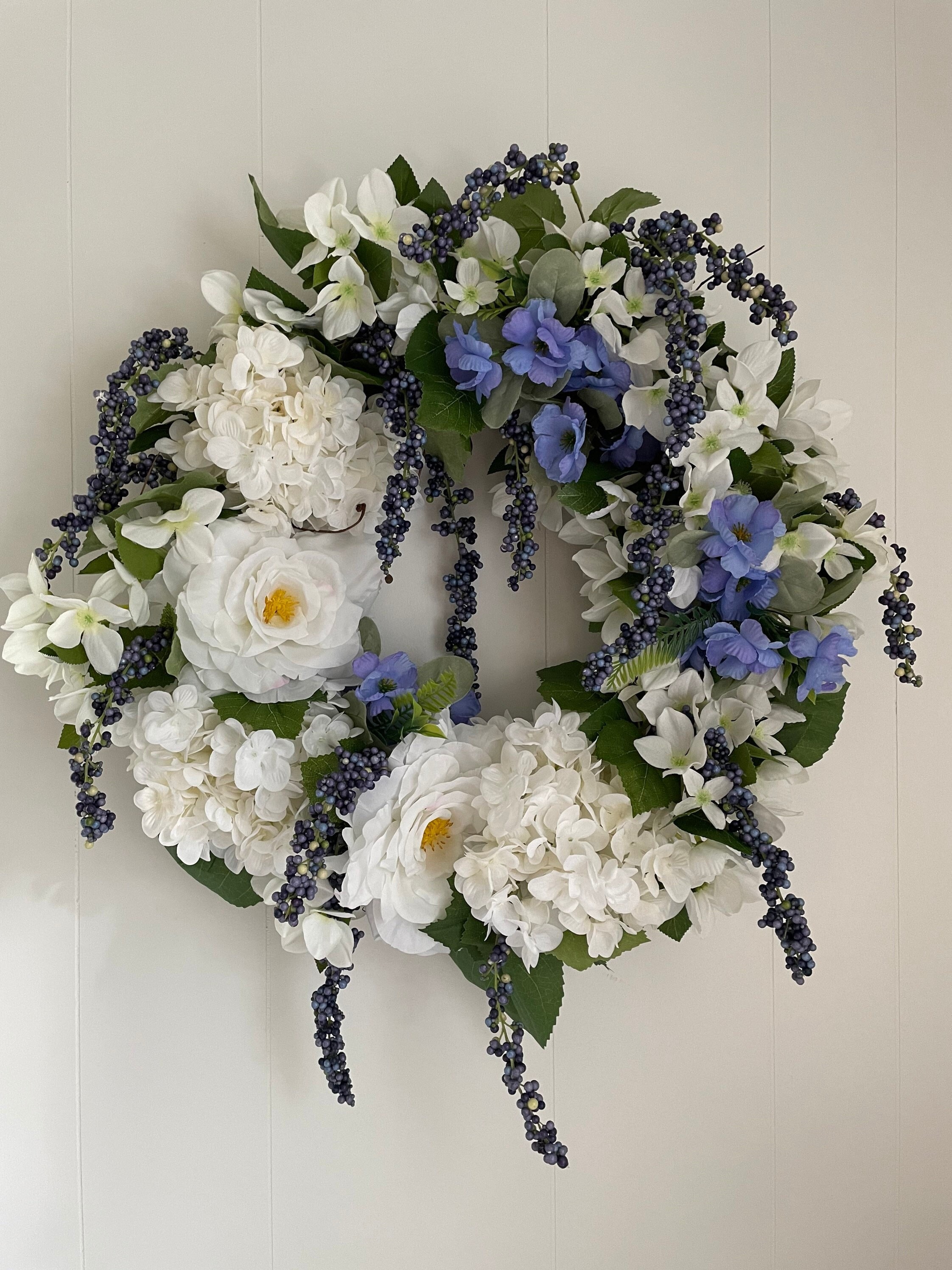 Blue and White Floral Wreath for Spring / Summer / All Year. | Etsy