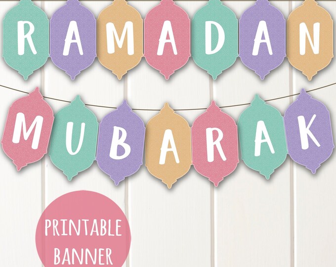 Printable RAMADAN MUBARAK Pastel Banner in Patterned Lantern Cutouts ...