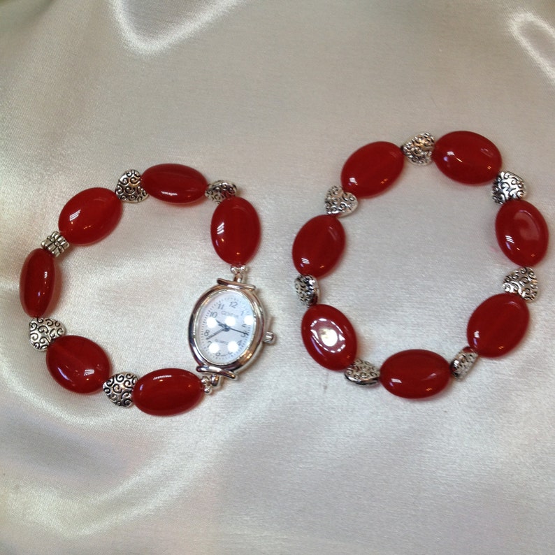 Red Ruby Quartz Beaded Stretch Watch and Bracelet Set With - Etsy