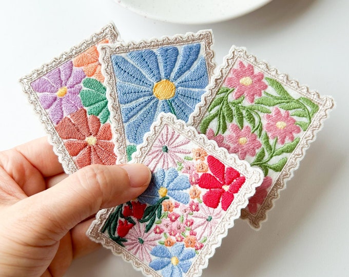 Flower Stamp Iron on Patches, Floral Embroidered Applique, Vintage ...