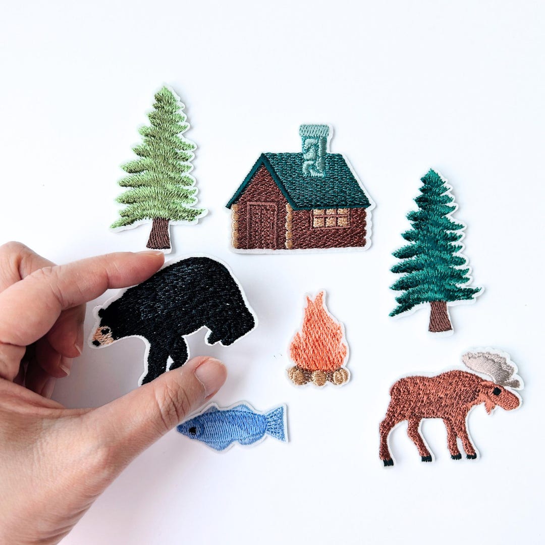 Fall Forest Camping Embroidered Patch Set – Cabin, Bear, Moose ...