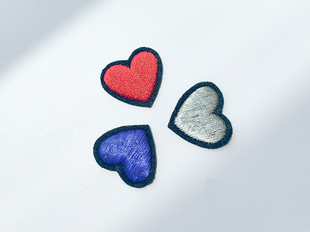 Set of 3 Heart Iron-on Mini Patches in Tricolor, Red Blue Silver Heart ...