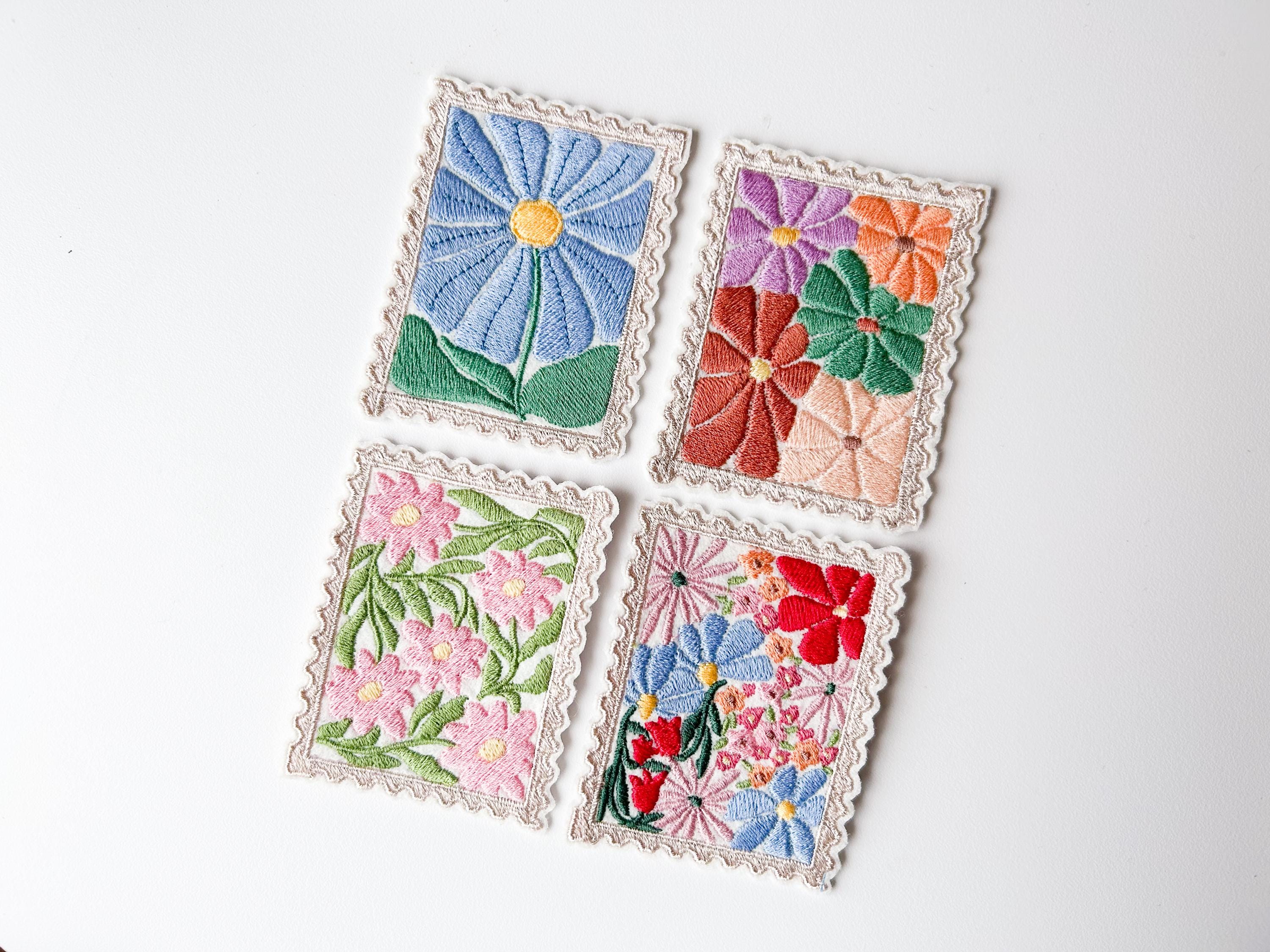Flower Stamp Iron on Patches, Floral Embroidered Applique, Vintage ...