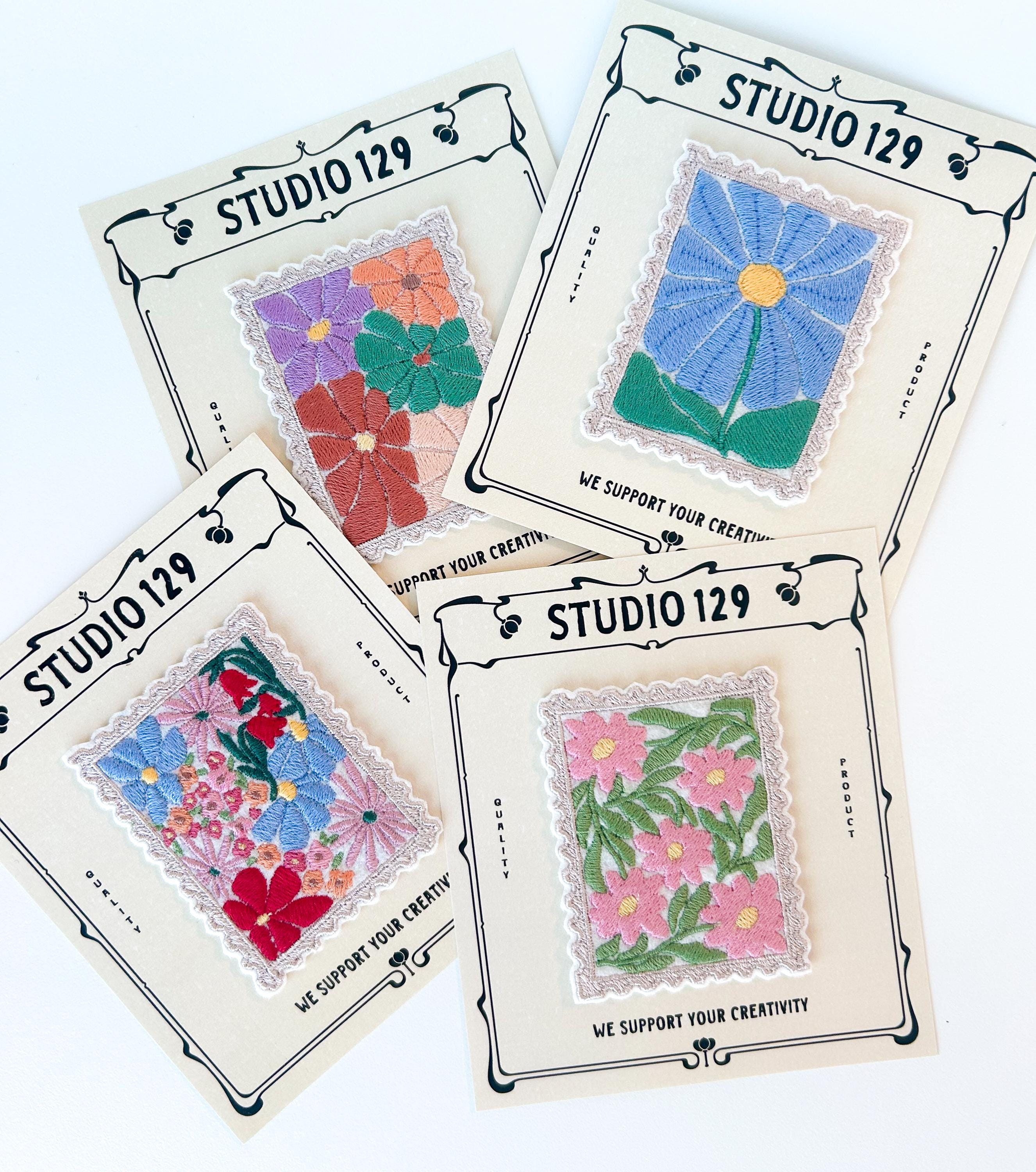 Flower Stamp Iron on Patches, Floral Embroidered Applique, Vintage ...
