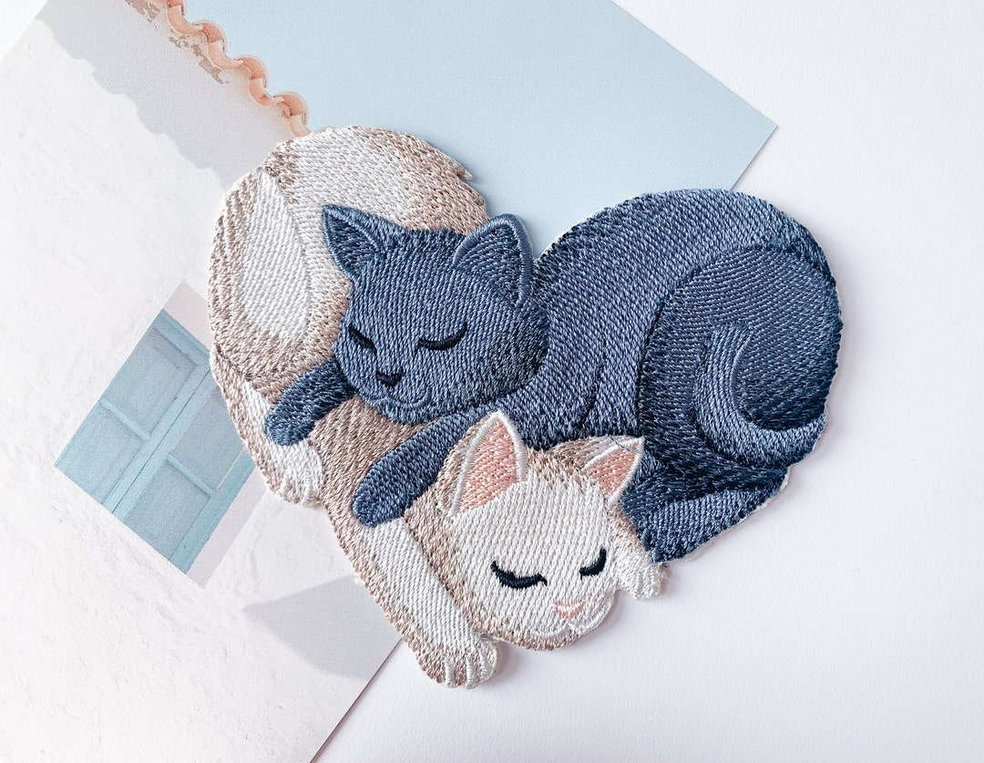 Cat Heart Iron-on Patch Large Size, Gray and Beige Cats Embroidered ...