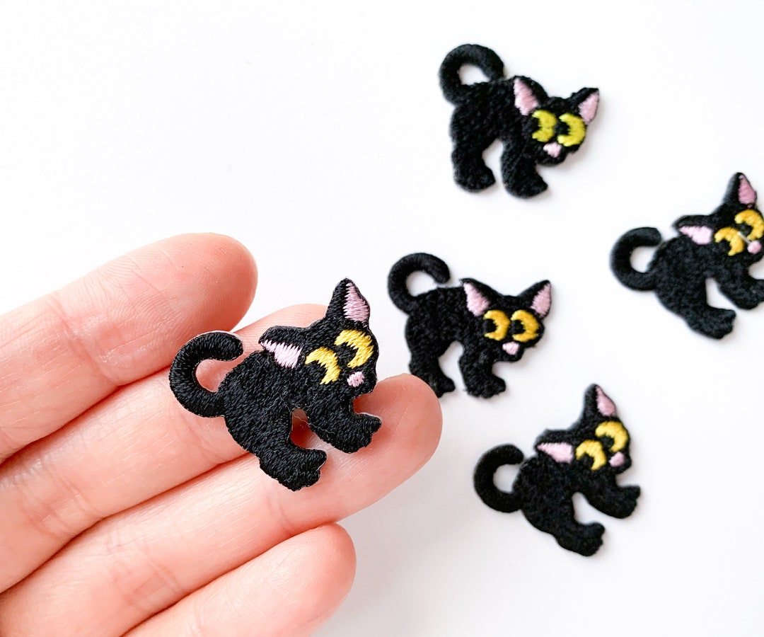 Set of Mini Black Cat Iron-on Patches, Black Cat With Golden Eyes Embroidered Badge Applique ...