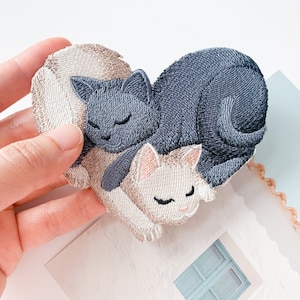 Cat Heart Iron-on Patch Large Size, Gray and Beige Cats Embroidered ...