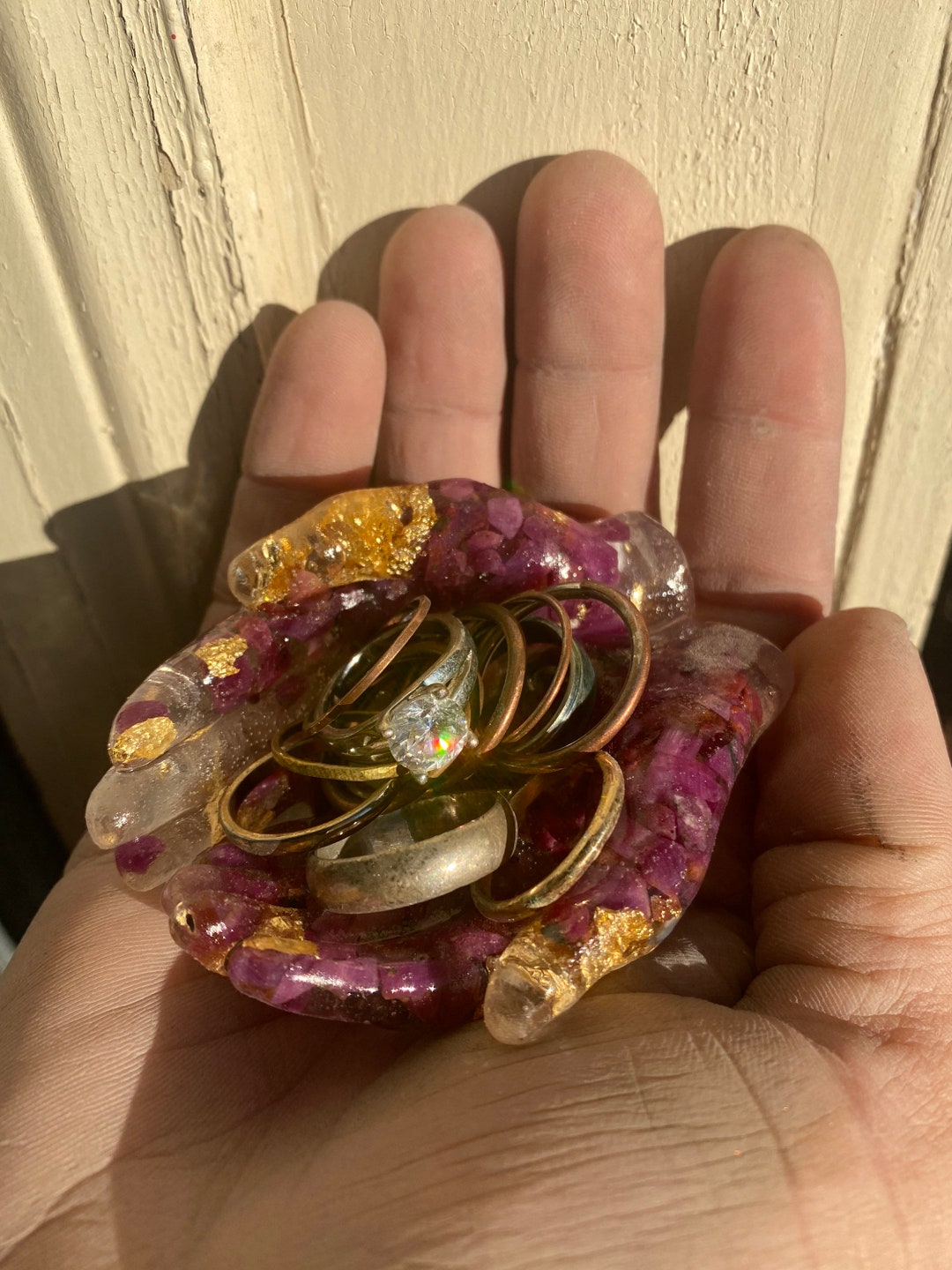 Resin Raw Ruby and Gold Leaf Crystal Filled Hands Catchall Card Holder ...