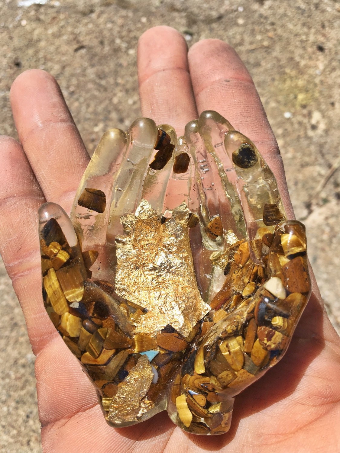 Resin Tigers Eye and Gold Leaf Crystal Filled Hands Catchall - Etsy