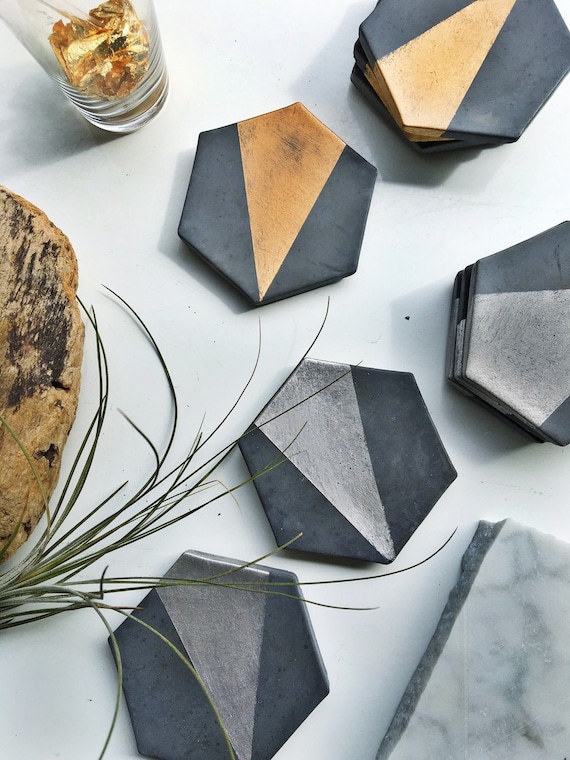 Charcoal Hexagon Concrete Coaster With Silver set of Four | Etsy