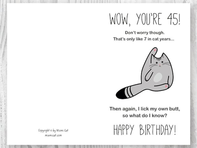 45th Birthday Card, Printable Birthday Card, Funny Cat Birthday Card ...