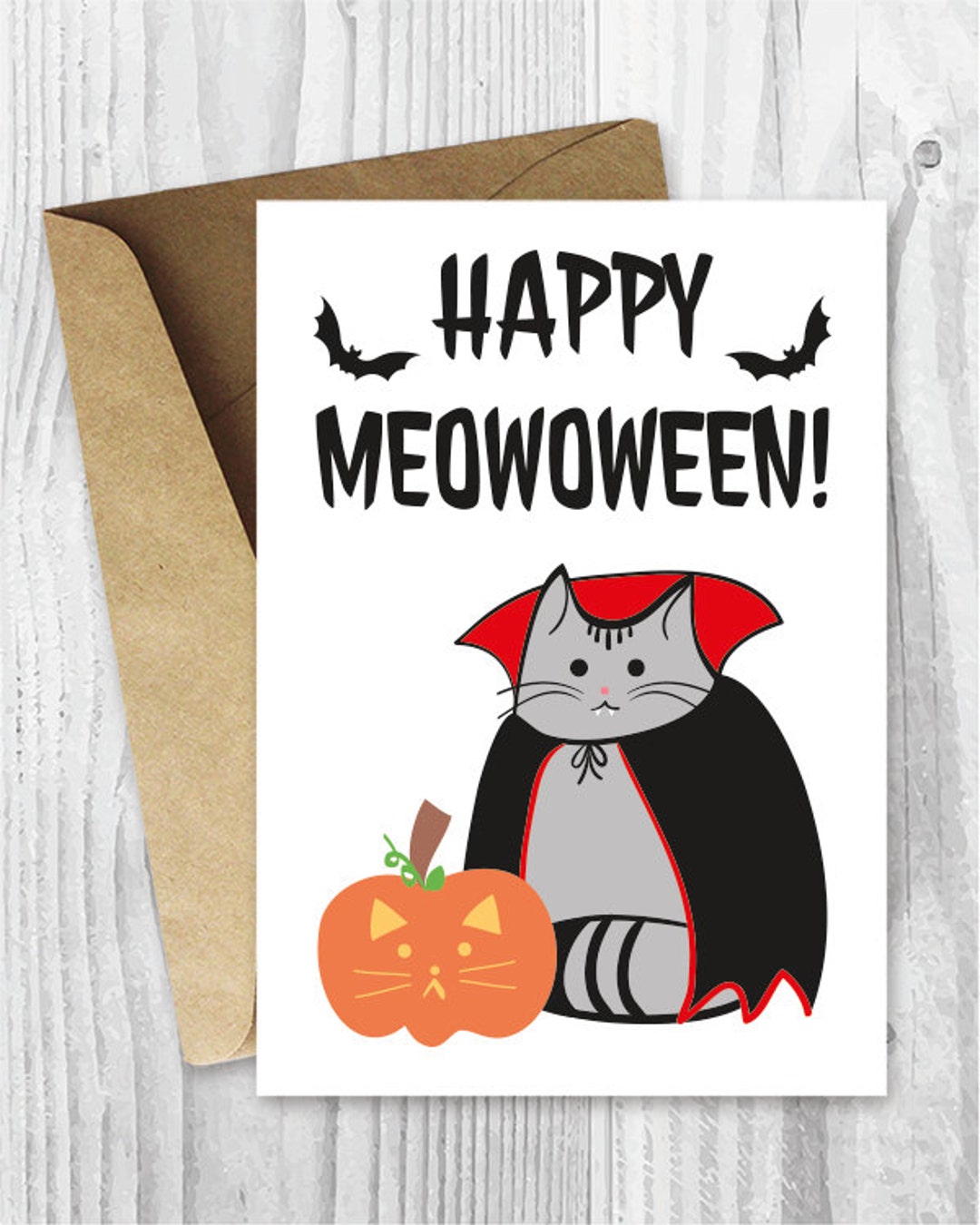 Printable Halloween Card, Happy Meowoween Halloween Cat Printable Card ...