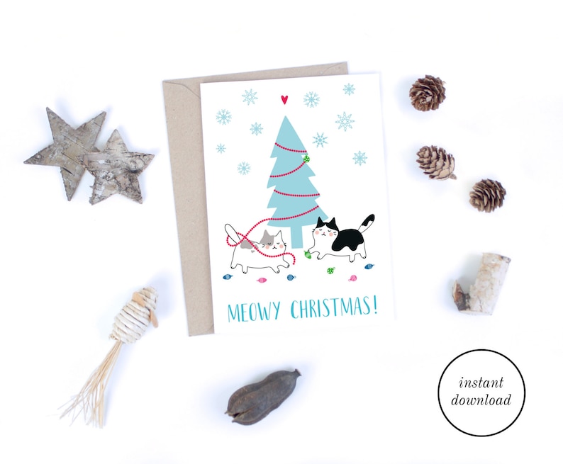 Printable Christmas Cards Meowy Christmas Card Mid Century | Etsy
