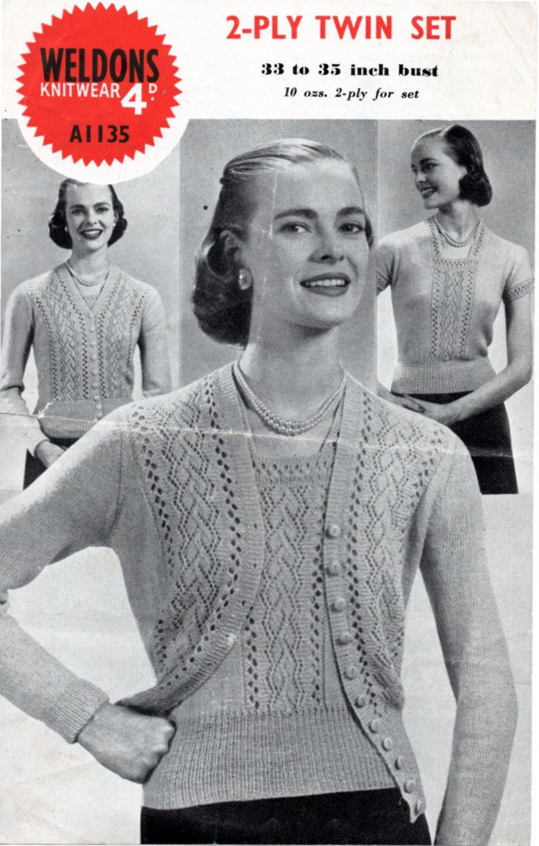 Vintage 1940's Knitting Pattern TWIN SET Jumper & Cardigan in 2 Ply ...