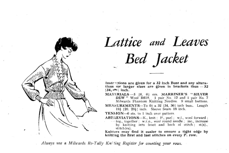 Vintage 1940's Knitting Pattern Lacy Lattice and Leaves Bed Jacket ...