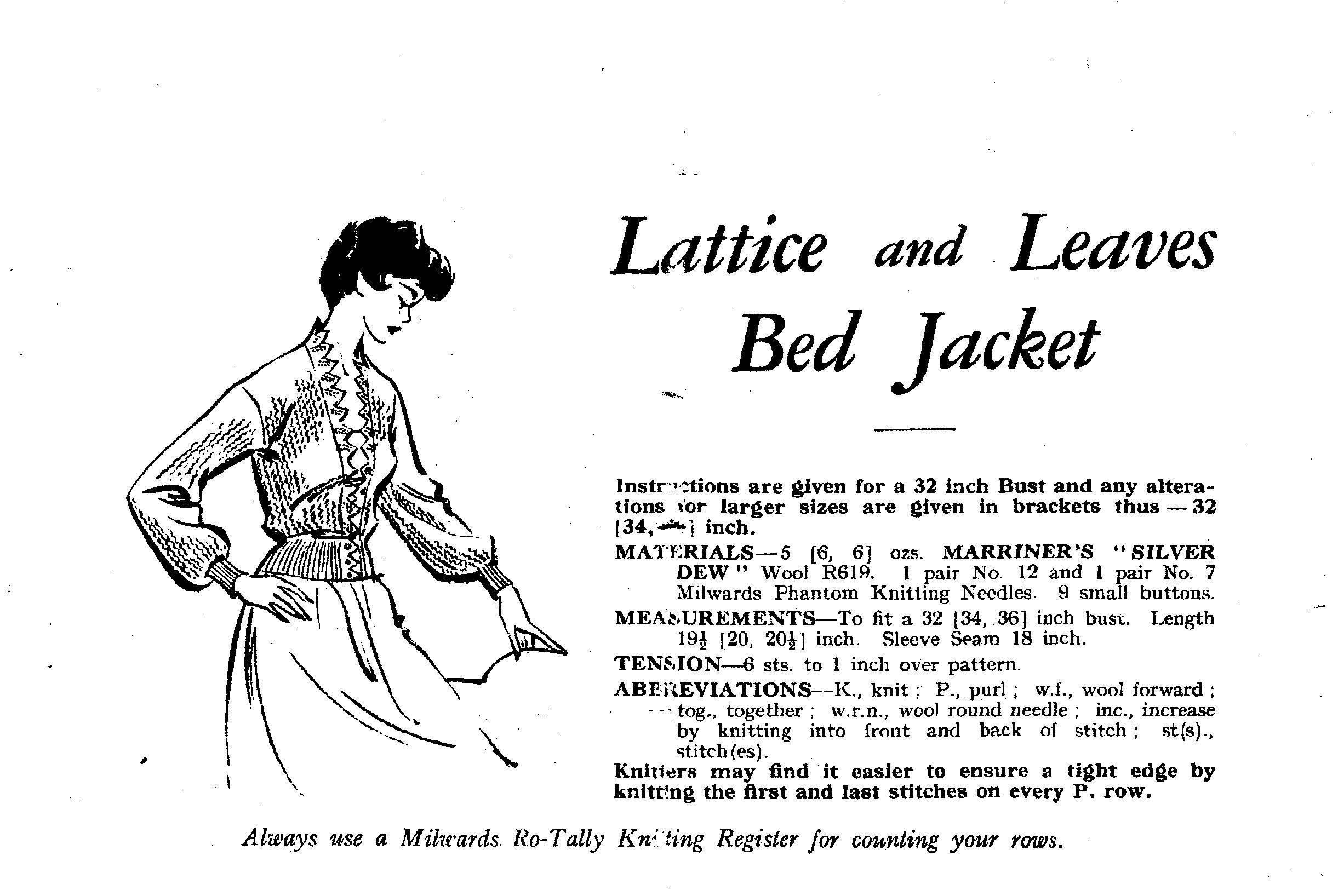 Vintage 1940's Knitting Pattern Lacy Lattice and Leaves Bed Jacket ...