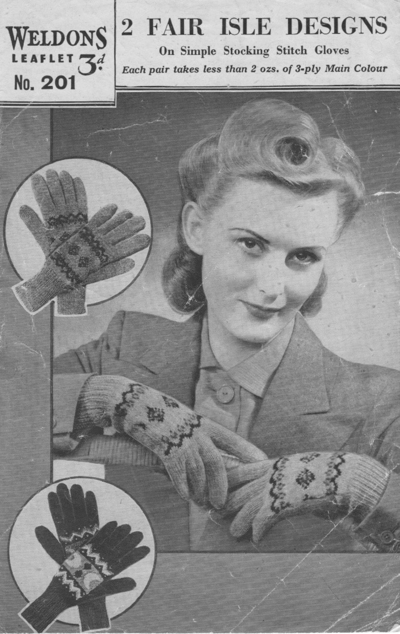 Vintage 1940's Knitting Pattern Adult Gloves 2 Fair Isle Designs in 3 ...
