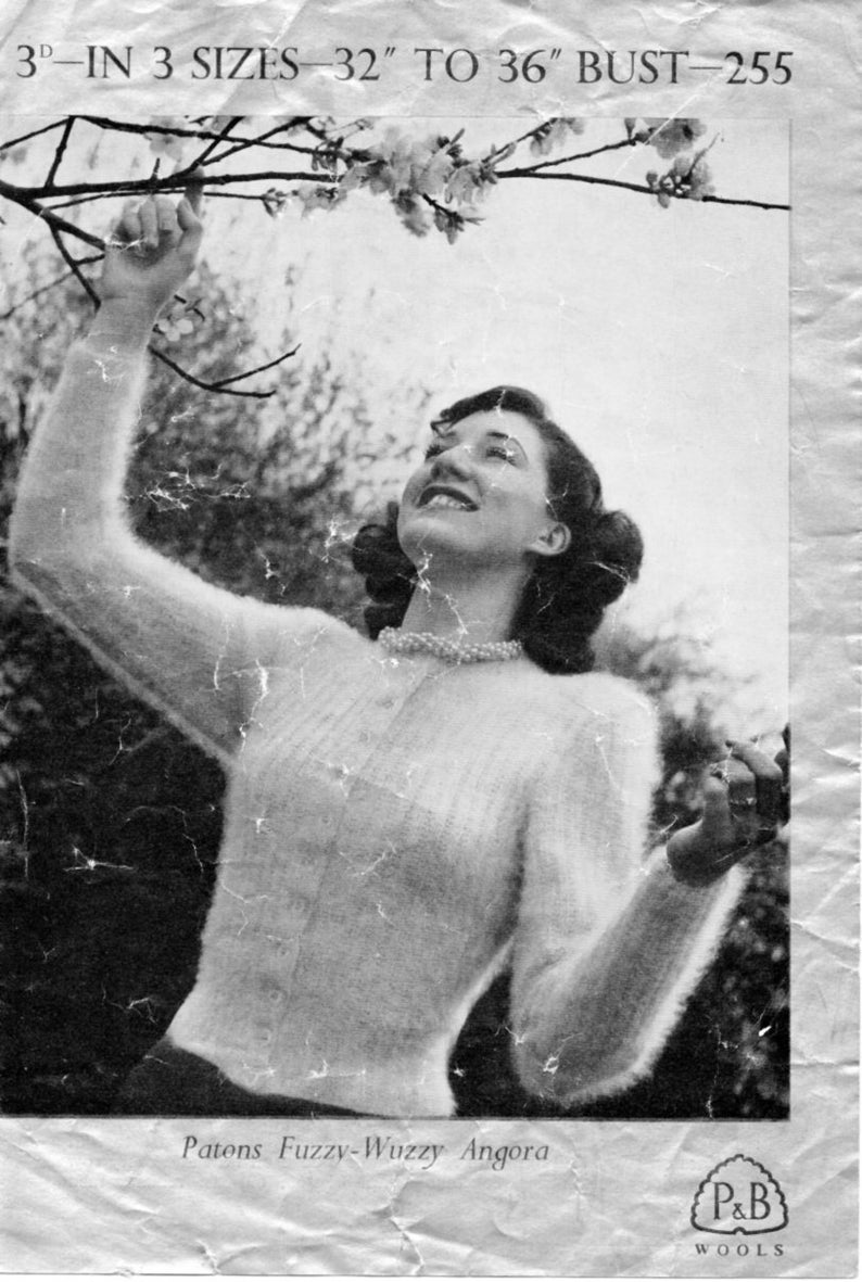 Lady's Cardigan Vintage 1940's Knitting Pattern 32-36" Chest in Fuzzy ...