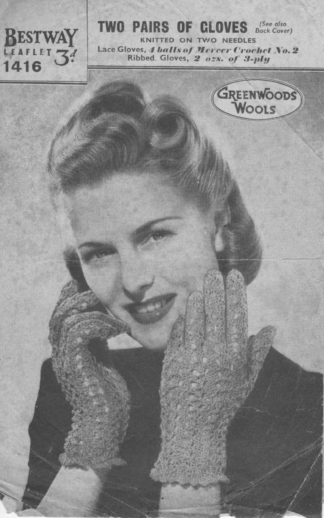 Vintage 1940's Knitting Pattern 2 Pairs of GLOVES Knitted on 2 Needles ...