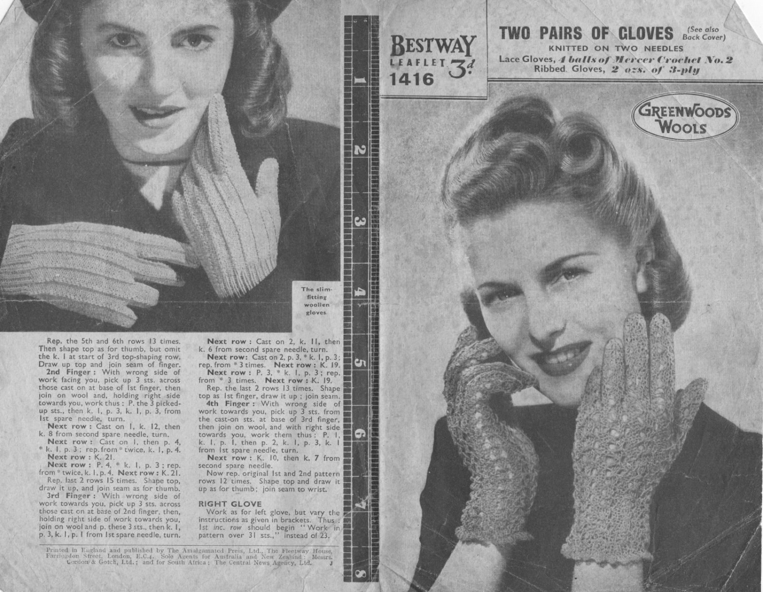 Vintage 1940's Knitting Pattern 2 Pairs of GLOVES Knitted on 2 Needles ...