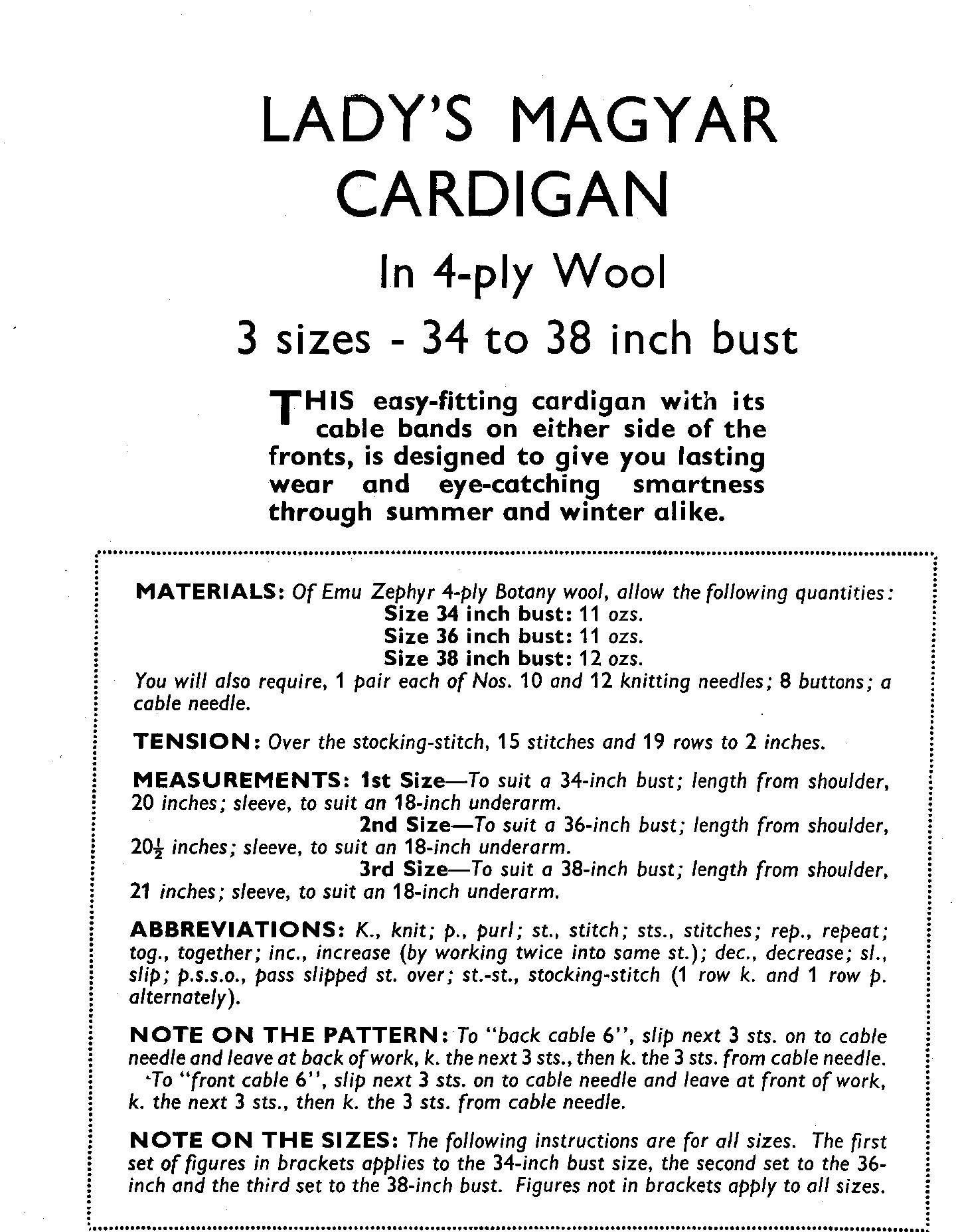 Vintage 1950's Knitting Pattern Magyar Cardigan (sleeves & Body All in ...