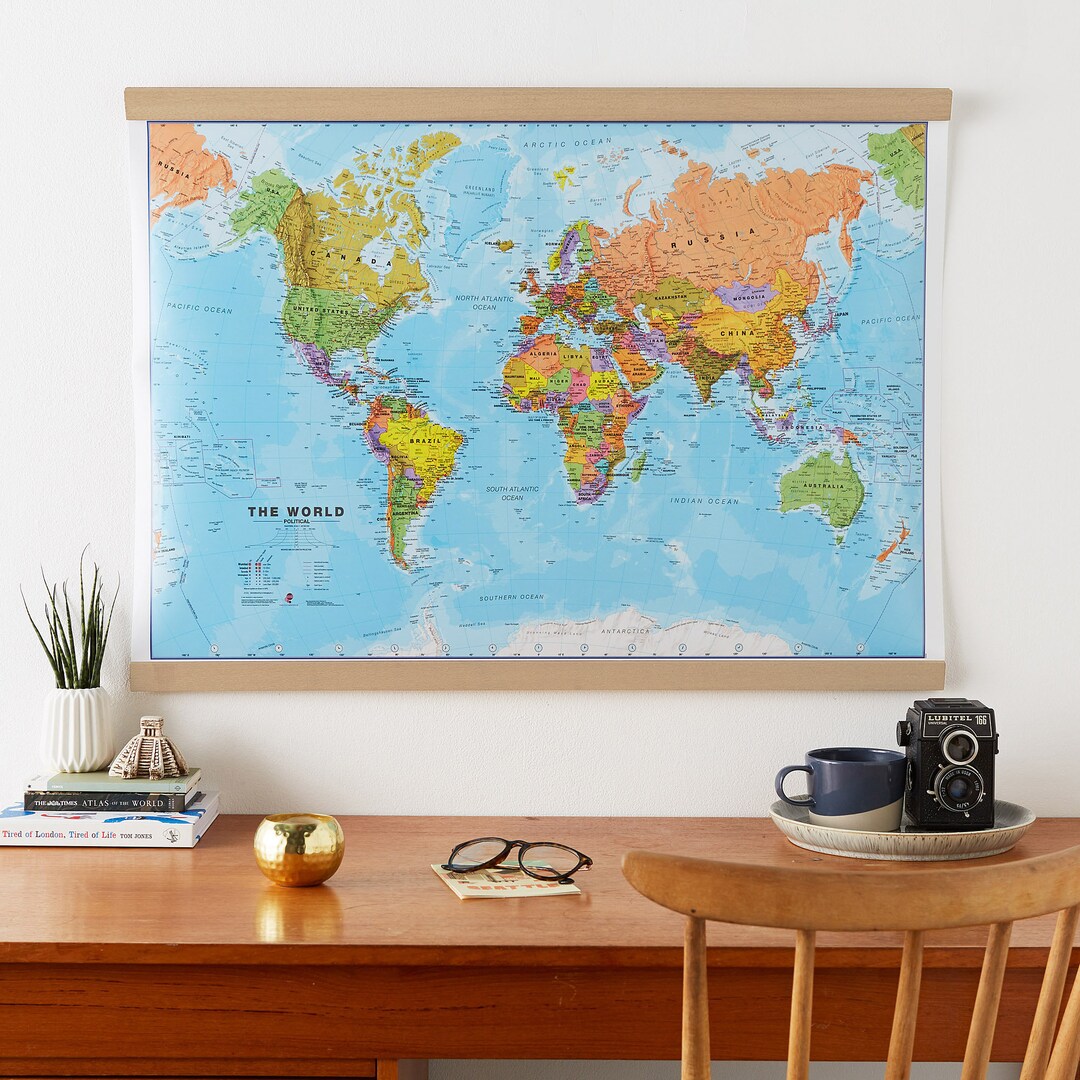 Political World Map Poster Home, Wall Hanging, Map of the World, Push ...