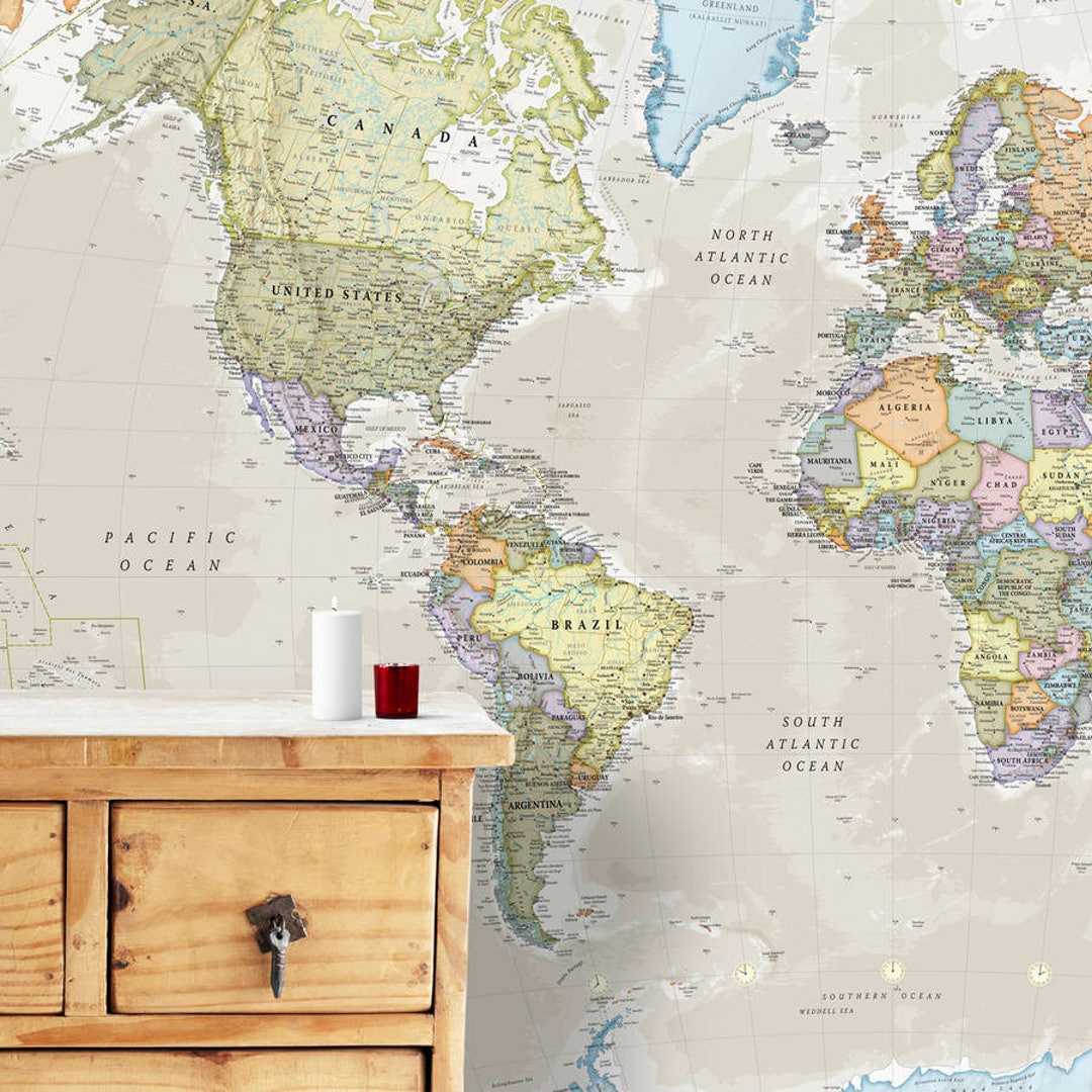 Giant Classic World Map Mural - Home Decor, Push Pin Map, World Map ...