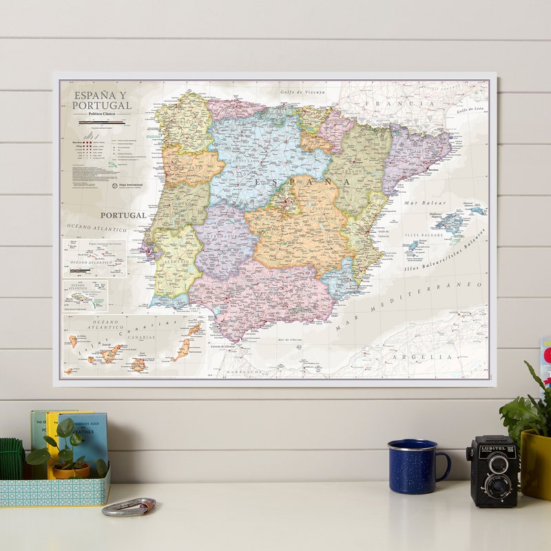 Large Map of Spain and Portugal - Etsy UK