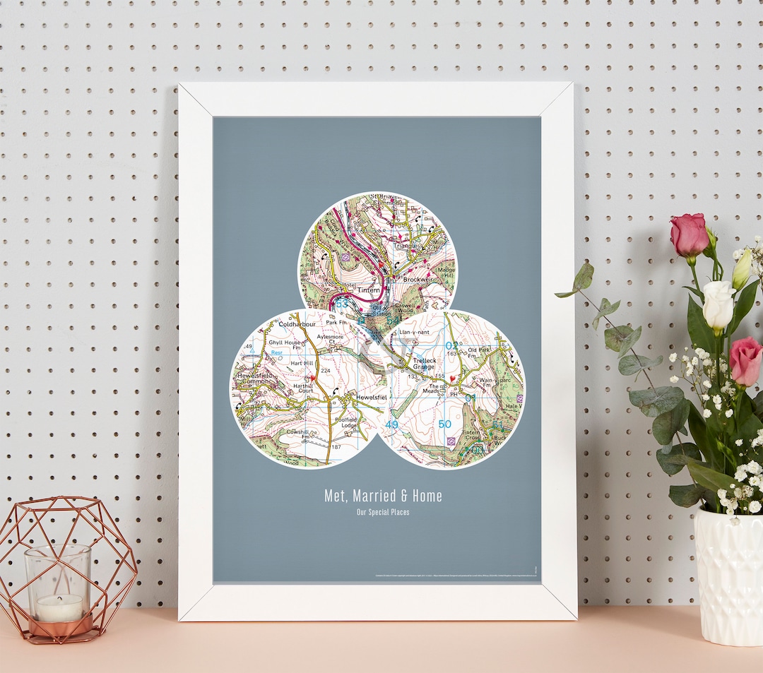 Personalised Postcodes Three Circle Locations Map Print - Gift, Gift ...