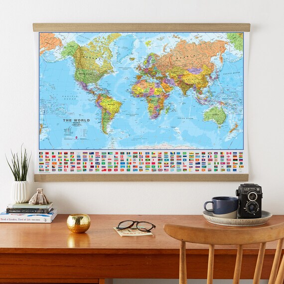 Political World Map With Flags Poster Home Wall Hanging | Etsy