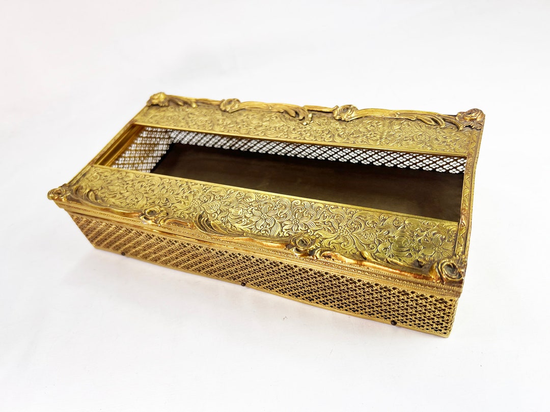 Vintage MCM Brass Tissue Box Holder Cover Filigree Gold Tone Mid ...