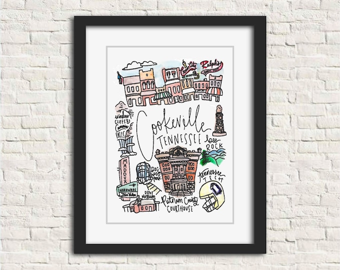 Cookeville, TN Art Print 8x10 // Wall Art Print Gift Watercolor Cream ...
