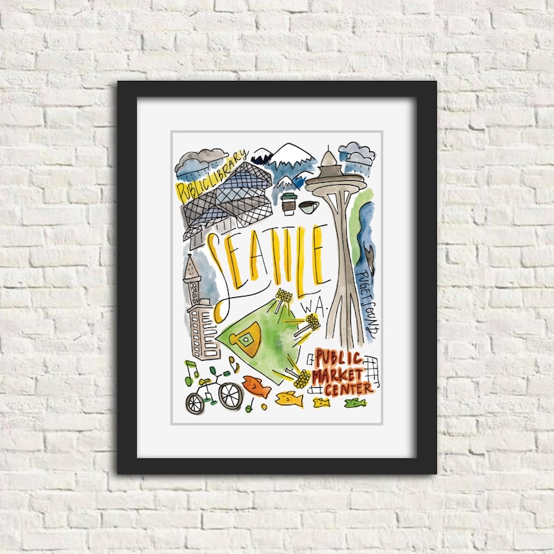 Seattle, Washington WA Watercolor Wall Art Illustration Print Gift 8x10 ...