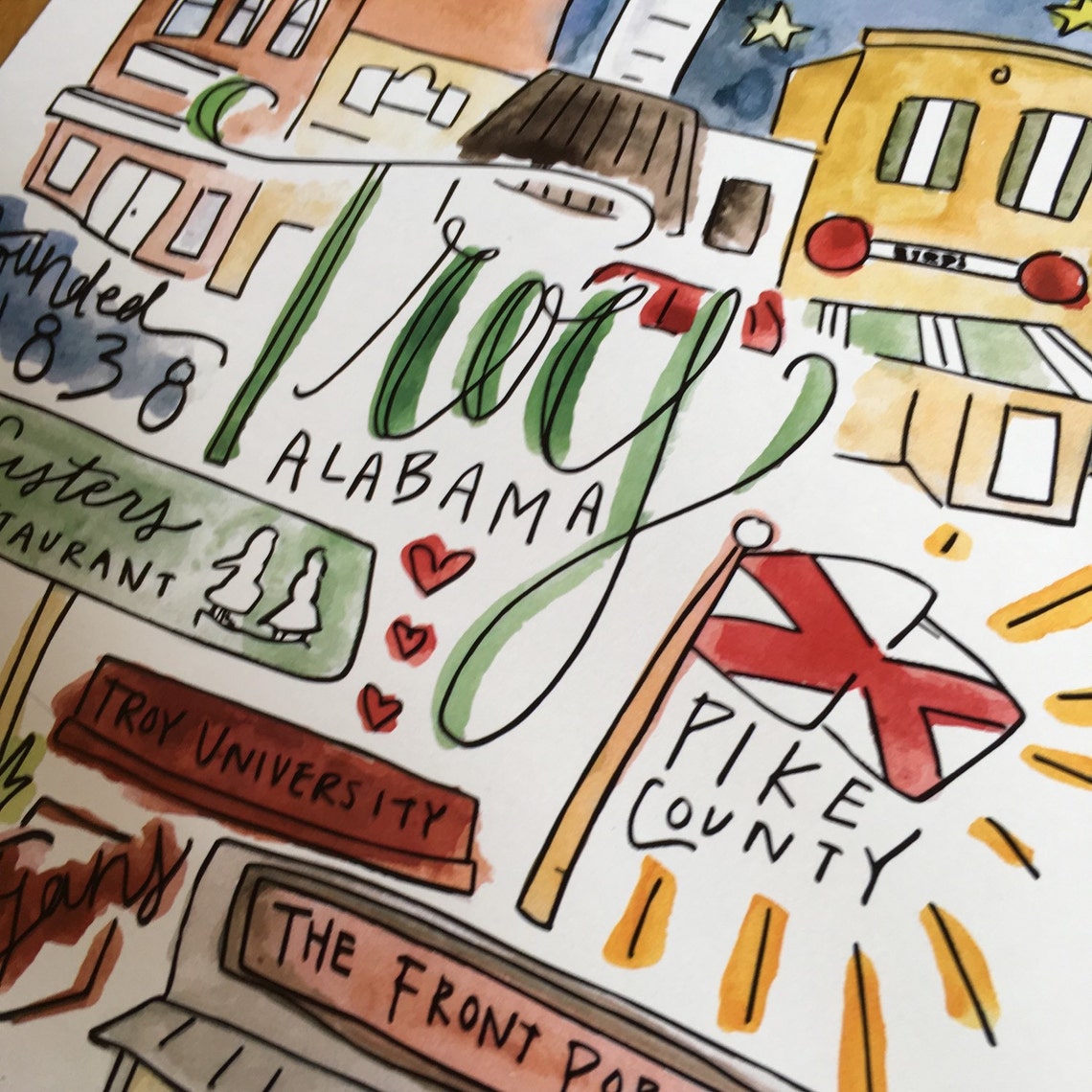 Troy, Alabama Wall Art Watercolor Print | Birthday/graduation/wedding ...
