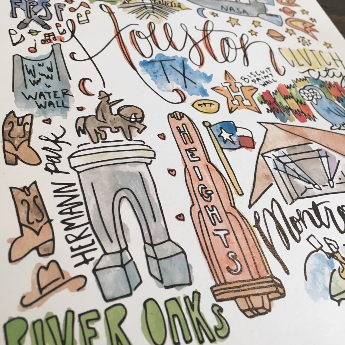 Houston Texas TX Handlettered Watercolor Illustration Gift - Etsy