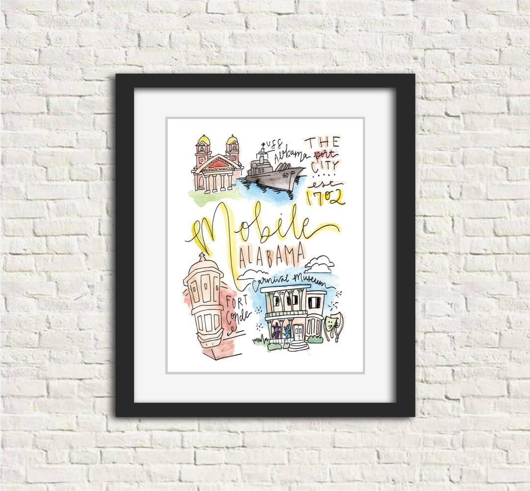 Mobile, AL Alabama Watercolor Wall Art Print Gift 8x10 // USS Alabama ...