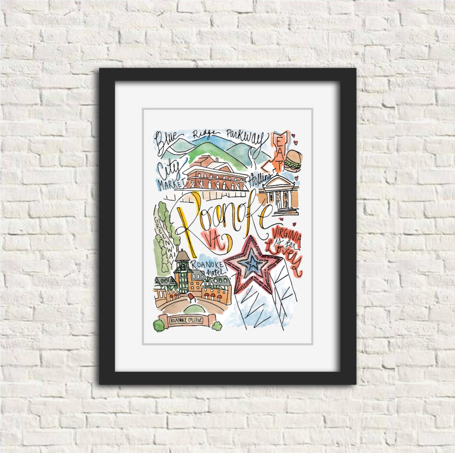 Roanoke, VA Virginia Watercolor Wall Art Print Gift 8x10 // Blue Ridge ...