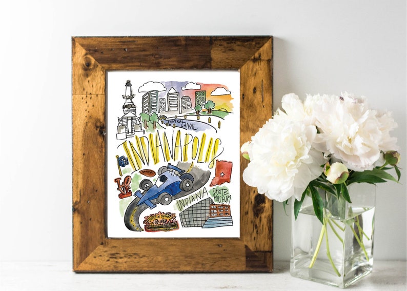 Indianapolis, IN City Watercolor Illustration Wall Art Print Gift 8x10 ...