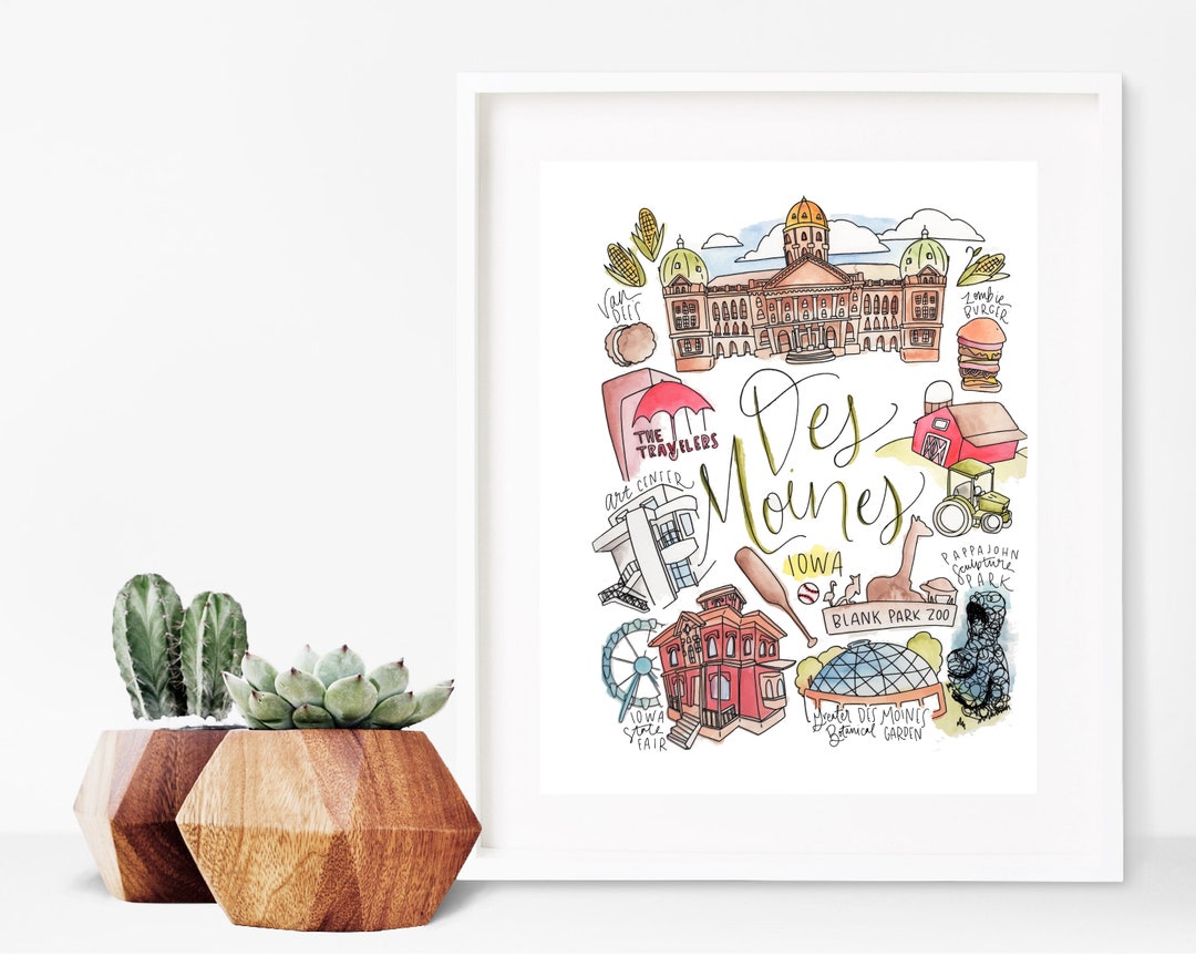 Des Moines, Iowa City Watercolor Illustration Wall Art Print Gift 5x7 ...