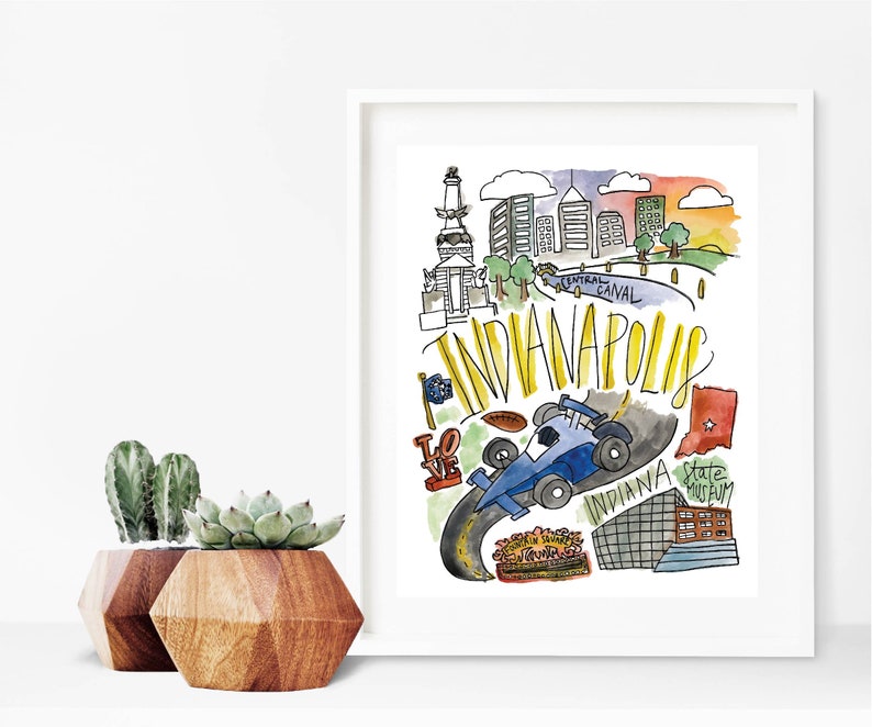 Indianapolis, IN City Watercolor Illustration Wall Art Print Gift 8x10 ...