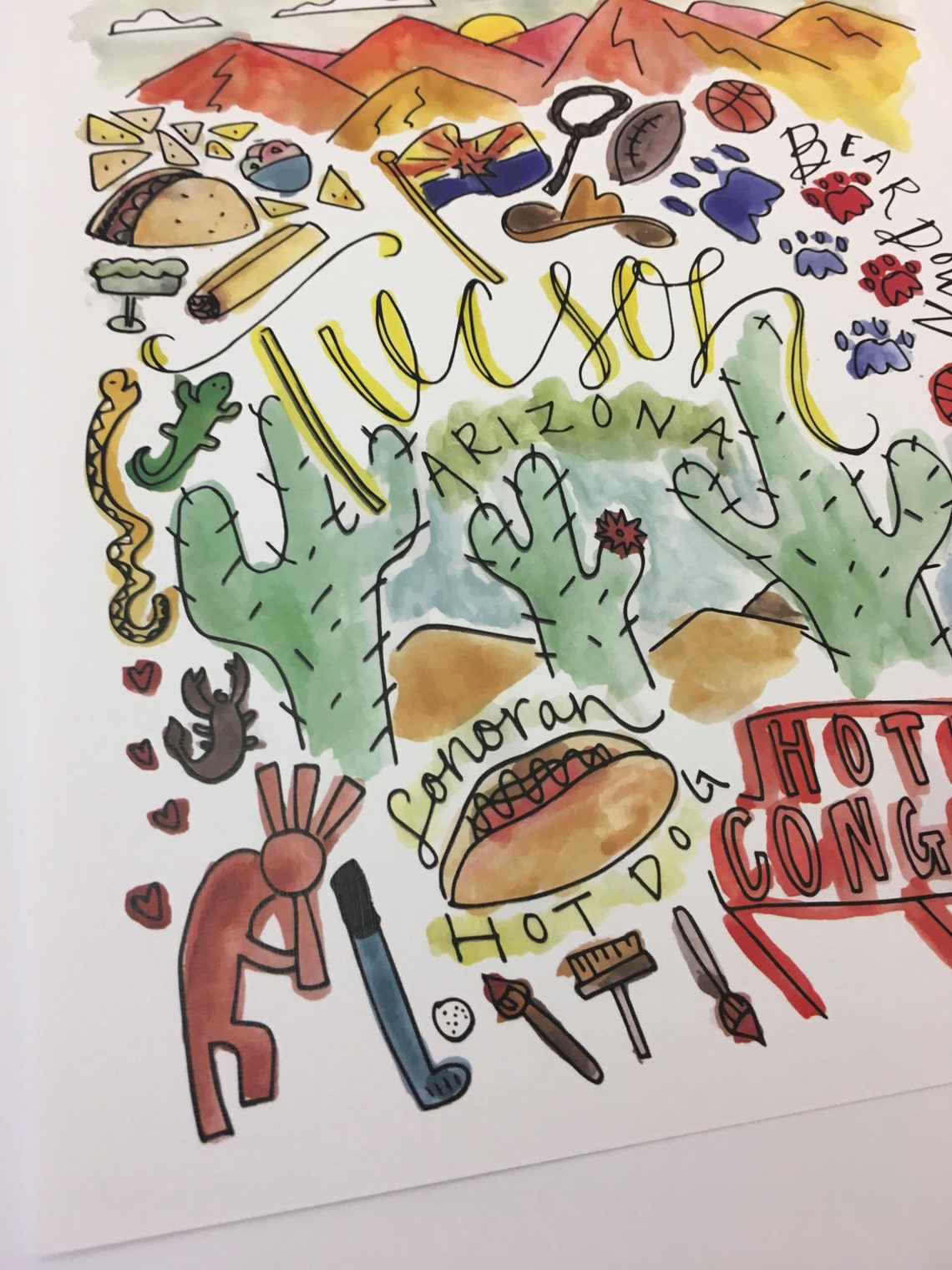 Tucson, Arizona AZ Illustration Watercolor Wall Art Print Gift 8x10 ...