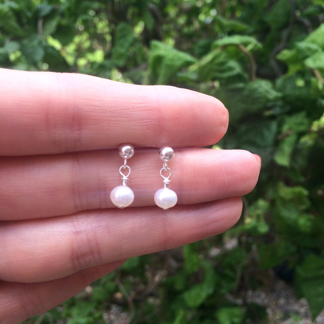 Tiny Freshwater Pearl Drop Earrings Sterling Silver Gold Small 5mm Real ...