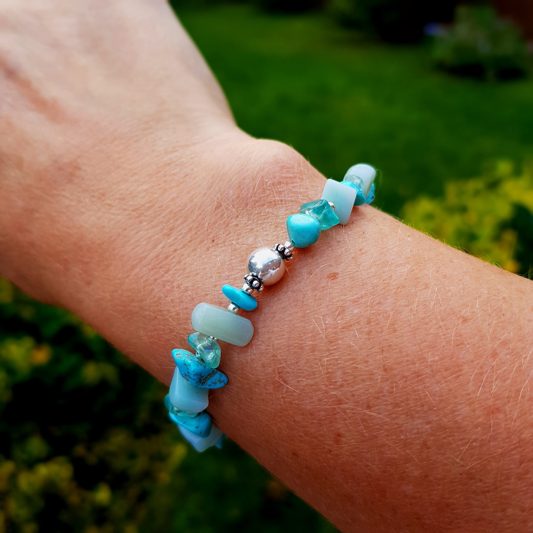 Multi gemstone STRETCH Bracelet RAW Turquoise Apatite and Amazonite ...