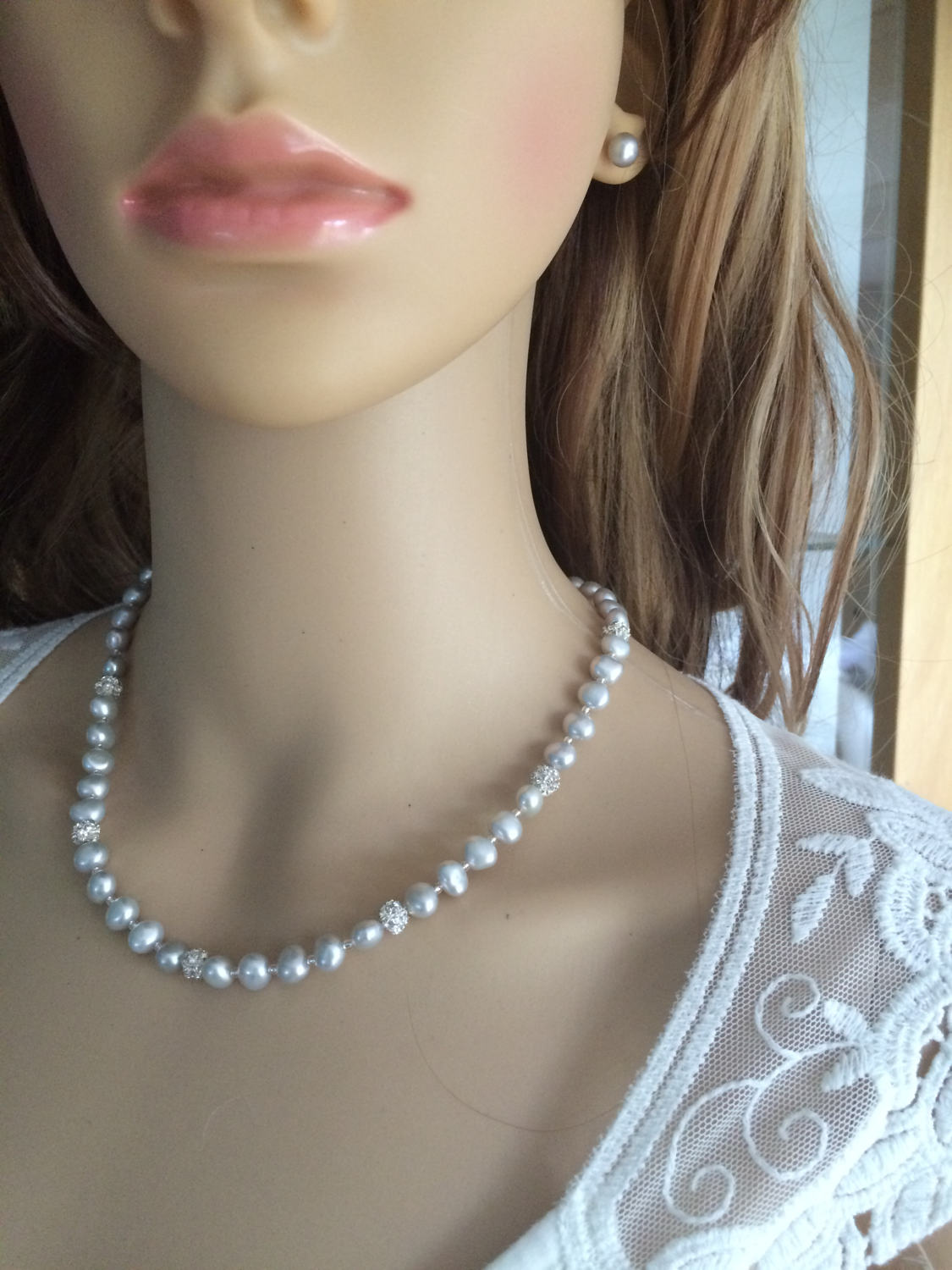 Grey Baroque Freshwater Pearl Necklace With Diamante Ball Beads And