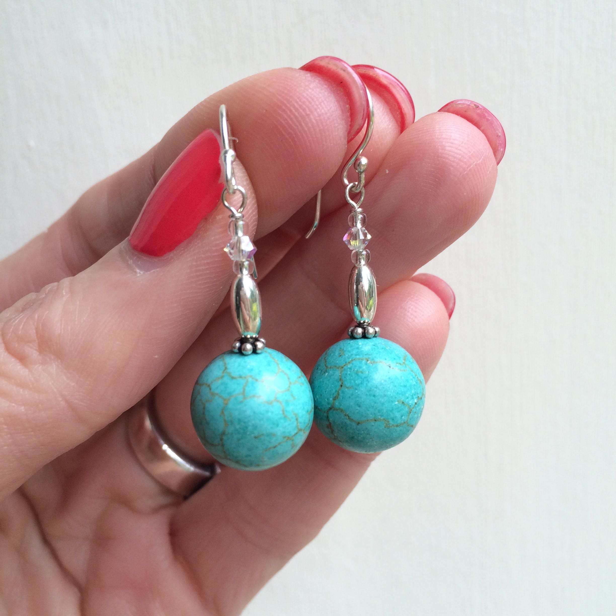 Large Turquoise bead earrings Sterling Silver - December Birthstone