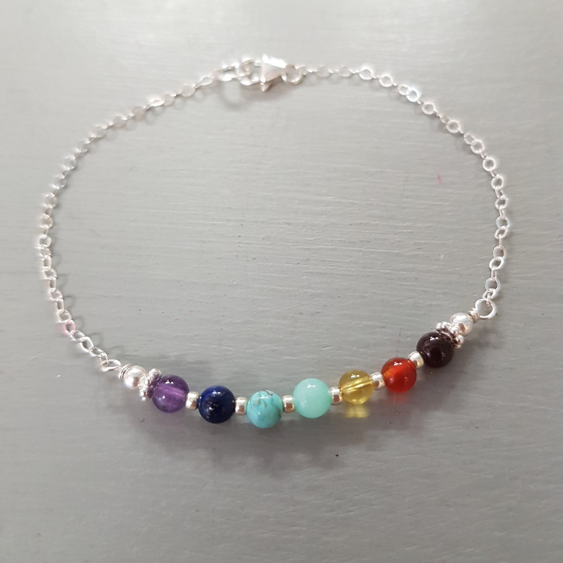 7 Chakra Bracelet Sterling Silver or Gold Fill Tiny Multi Gemstone Bead ...