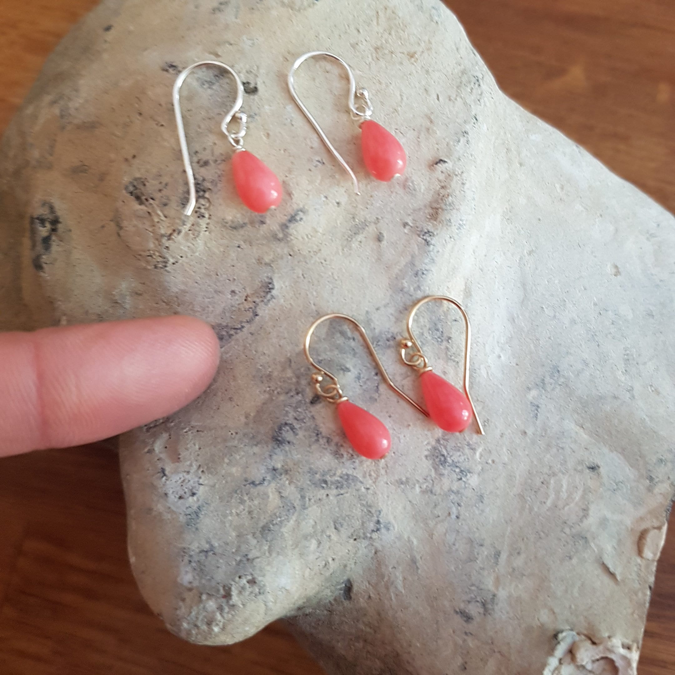 Tiny pink Coral earrings Sterling Silver or Gold Fill small Coral tear ...
